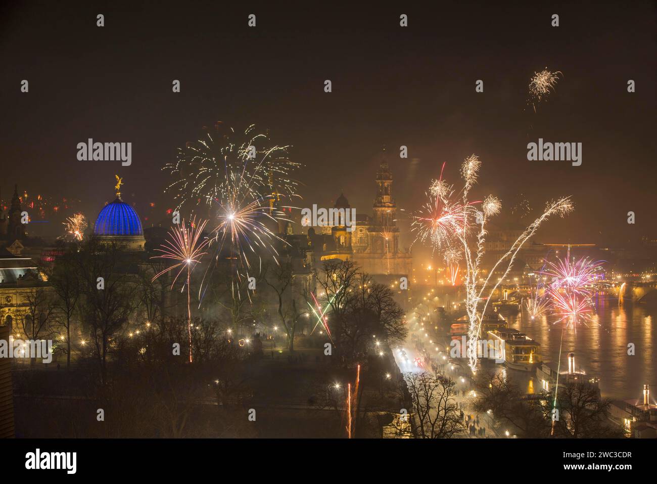 New Year's Eve fireworks over Dresden's Old Town, Dresden, Saxony ...