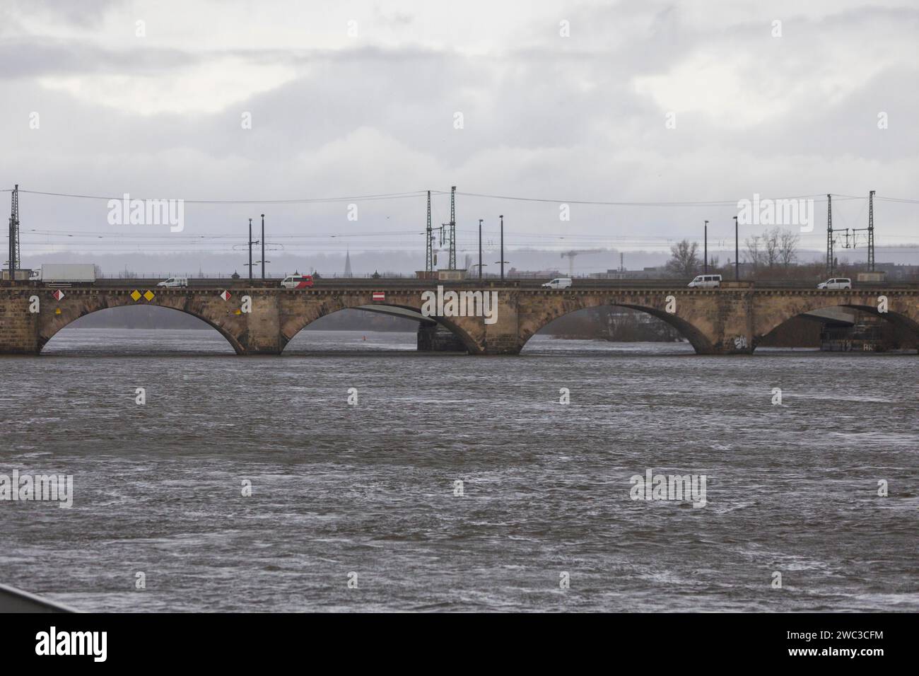 Rainy weather in Dresden's old town. Due to the heavy rainfall, river ...