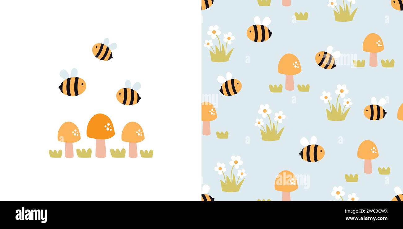 Cute bee and mushroom card and seamless pattern. Background for kids ...