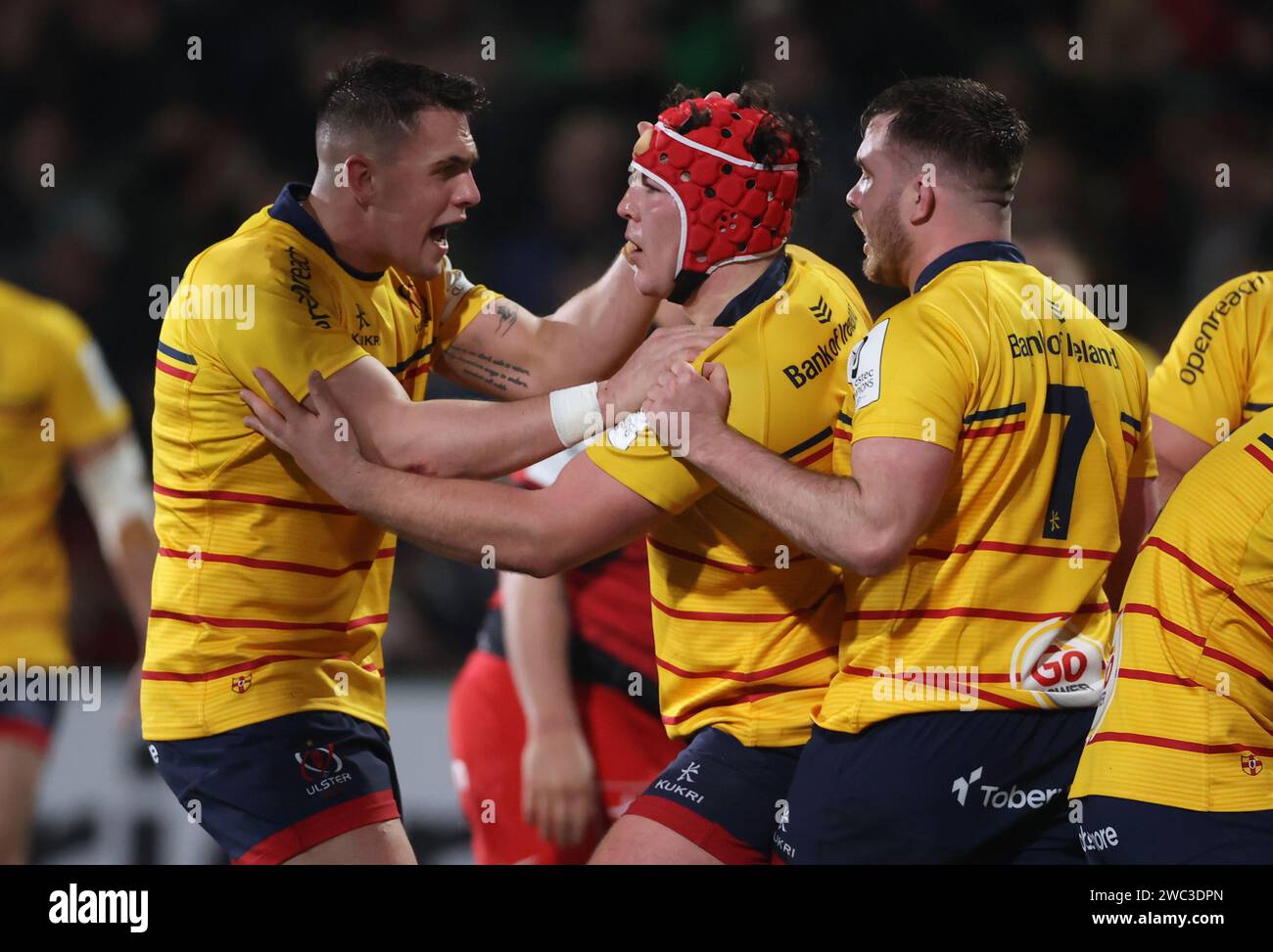 Ulster's Tom Stewart (centre) celebrates scoring their first try during ...