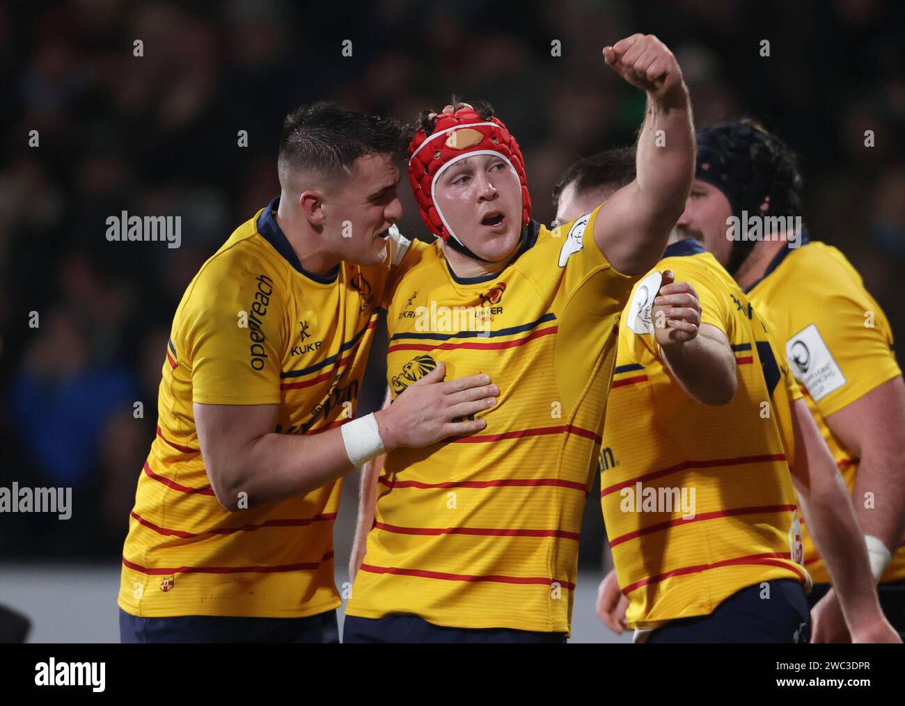 Ulster's Tom Stewart (centre) celebrates scoring their first try during ...
