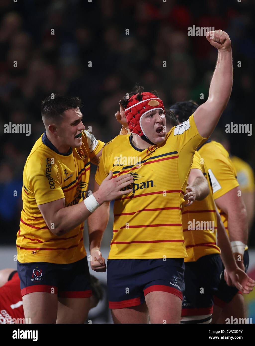 Ulster's Tom Stewart (right) celebrates scoring their first try during ...