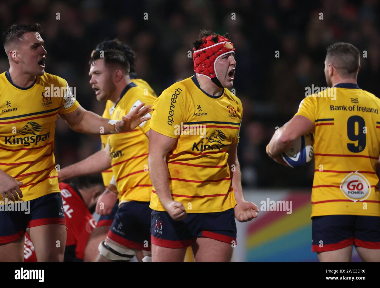 Ulster's Tom Stewart (centre) celebrates scoring their first try during ...
