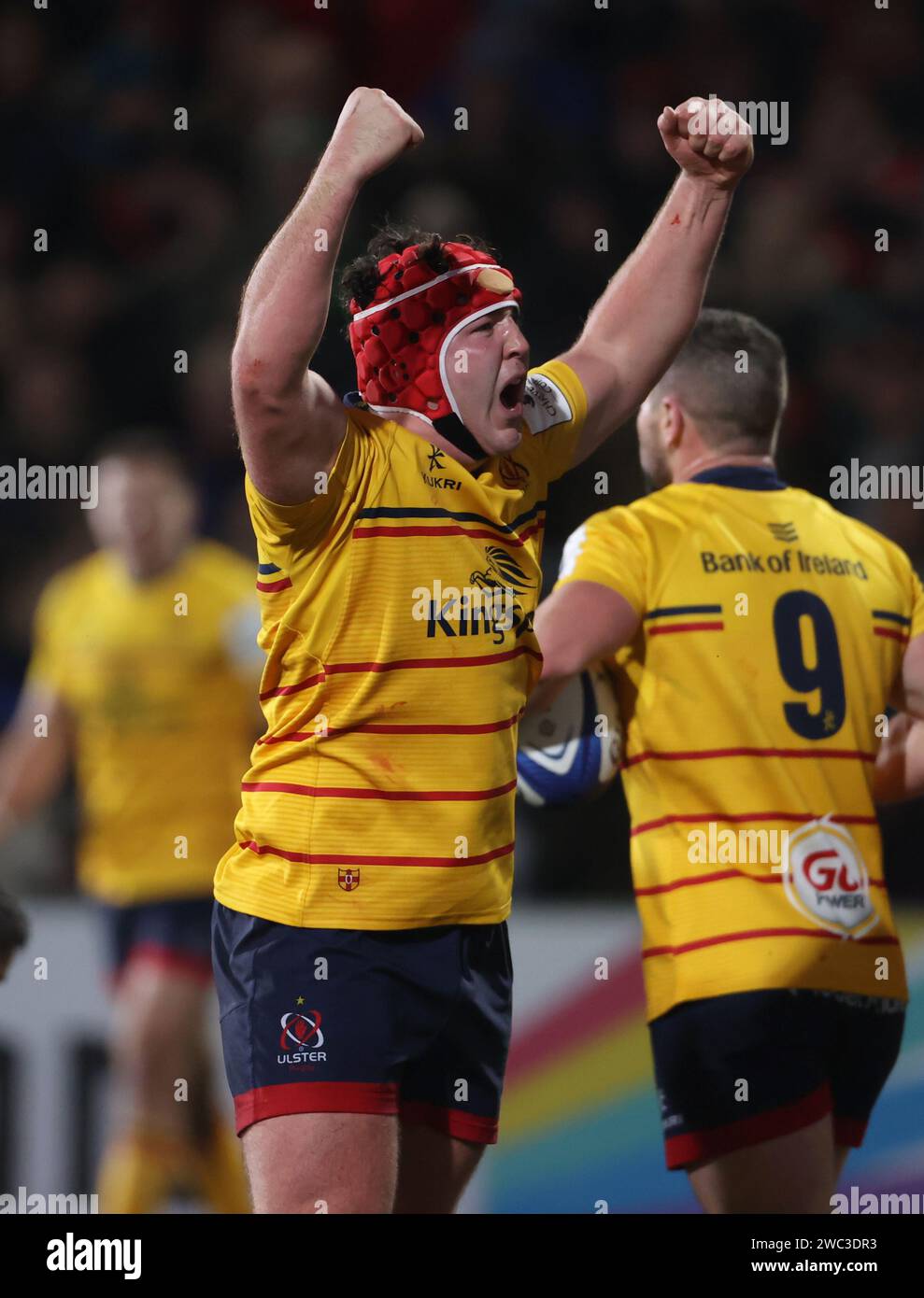 Ulster's Tom Stewart celebrates scoring their first try during the ...