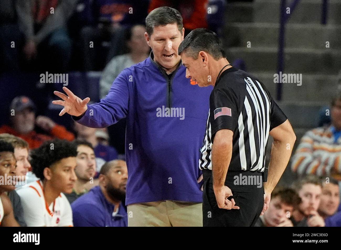 Clemson head coach Brad Brownell speaks to an official during the first ...
