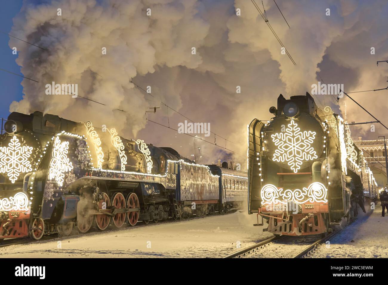 Russia, Peterhof, 07 January 2024: Two Santa Claus Trains leave the ...
