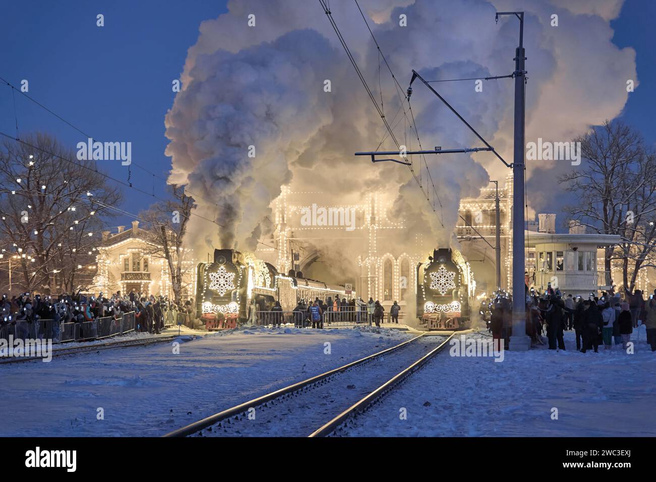 Russia, Peterhof, 07 January 2024: Two Santa Claus Trains leave the ...