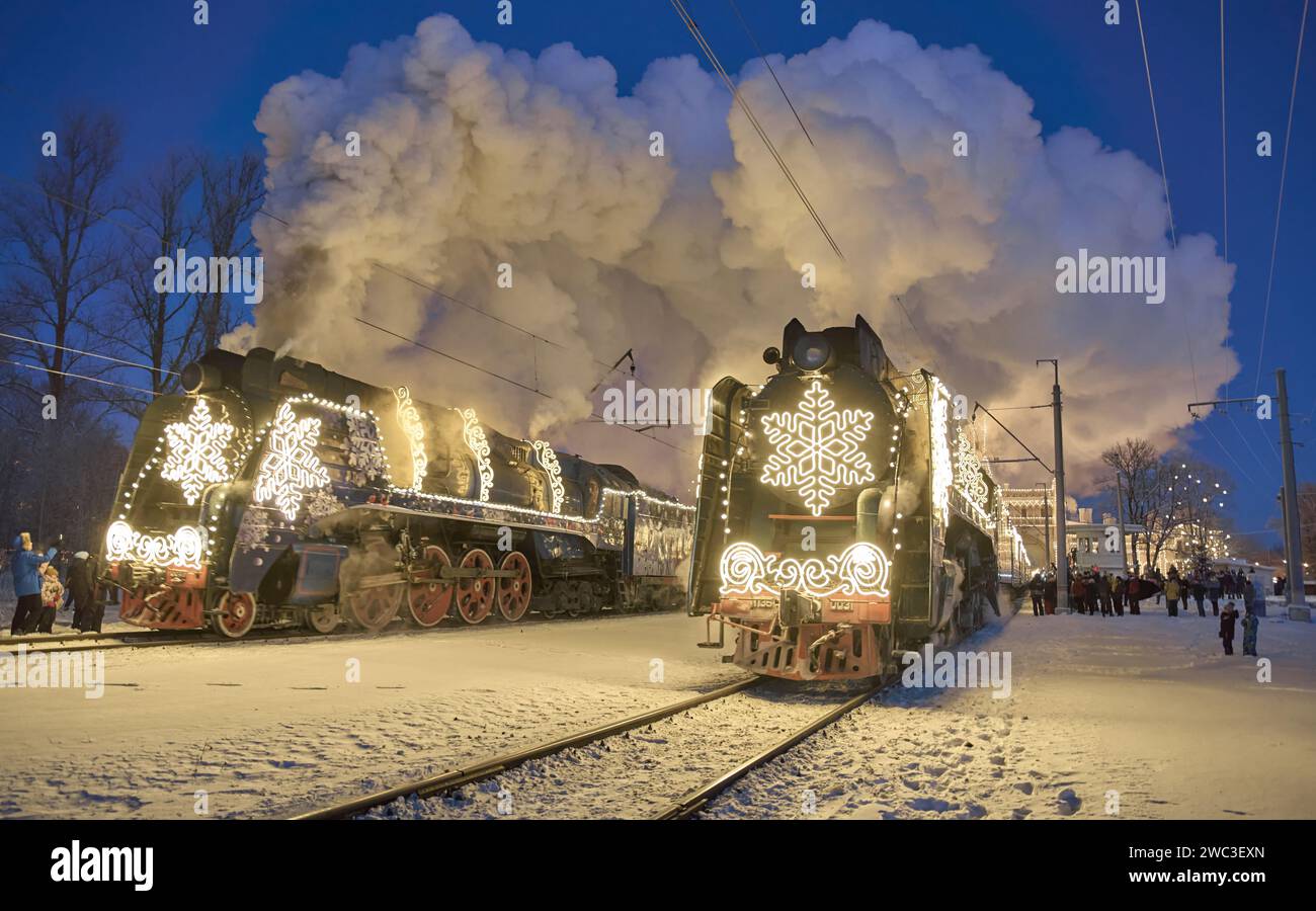 Russia, Peterhof, 07 January 2024: Two Santa Claus Trains leave the ...