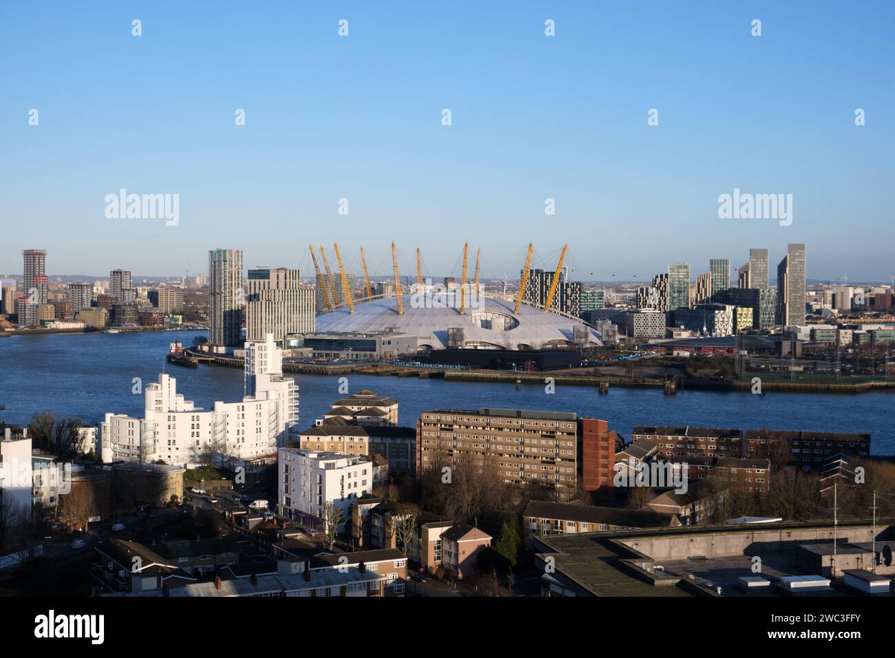 O2 Arena / Millennium Dome and River Thames. Aerial view of the ...