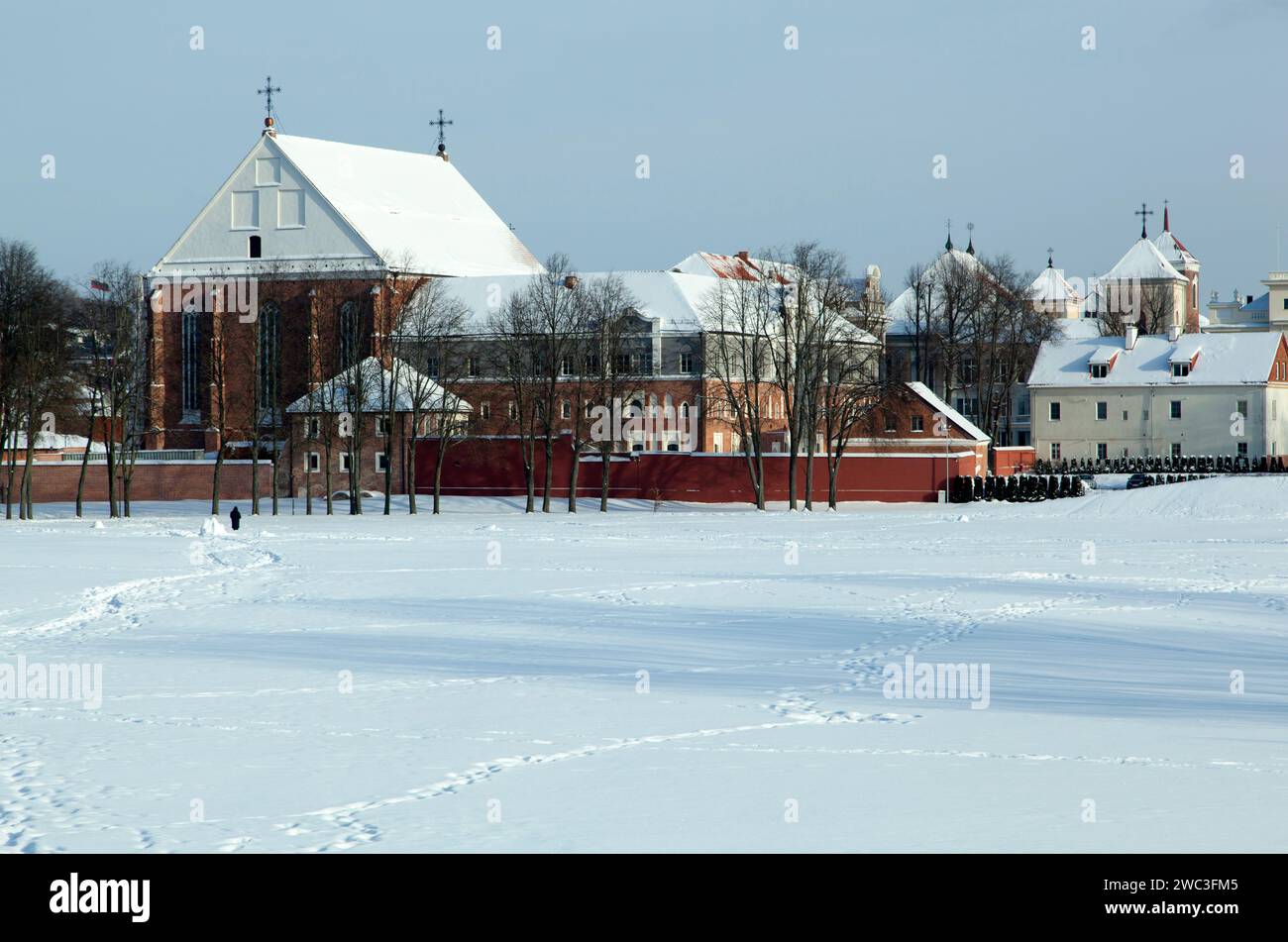 The Winter view of an open space park with historic Kaunas old town ...