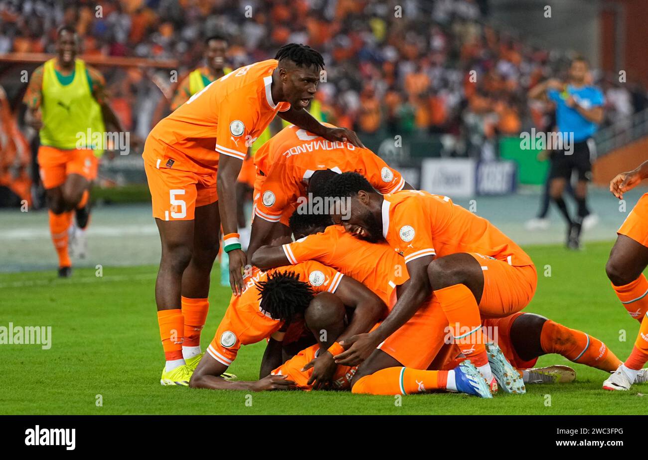 January 13 2024: Seko Mohamed Fofana (Ivory Coast) celebrates the teams ...