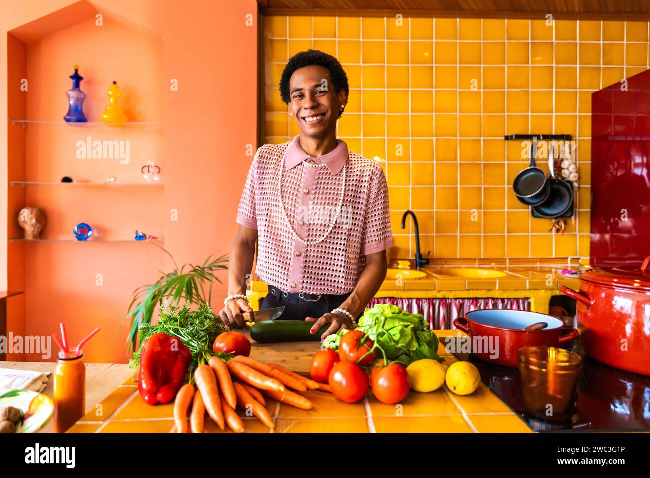 Fluid gender young man wearing cross dressing clothing at home, LGBTQ ...