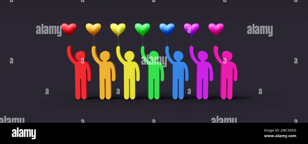 Rainbow colors group of people holding heart shaped balloons. Diversity ...