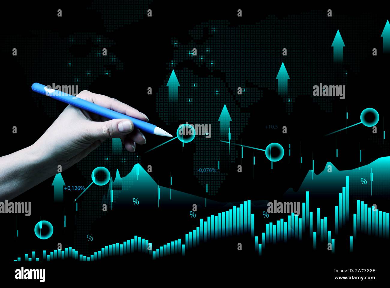 Virtual neon graph and female hand, profit analysis and sales growth ...