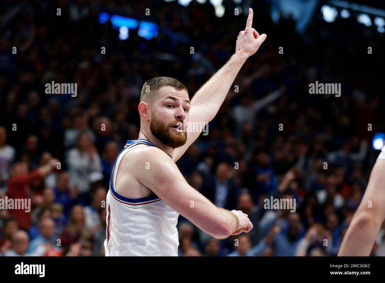 Kansas center Hunter Dickinson reacts after blocking a shot by Oklahoma ...