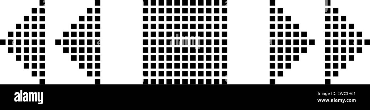 Black pixel arrow of rewind, stop and forward button on a white background. Retro video game ...