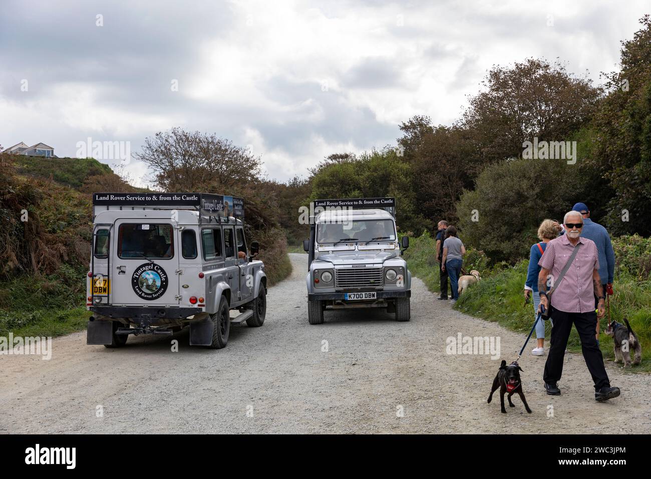 Tintagel Castle in Cornwall, Land Rover Defenders are used to ferry ...