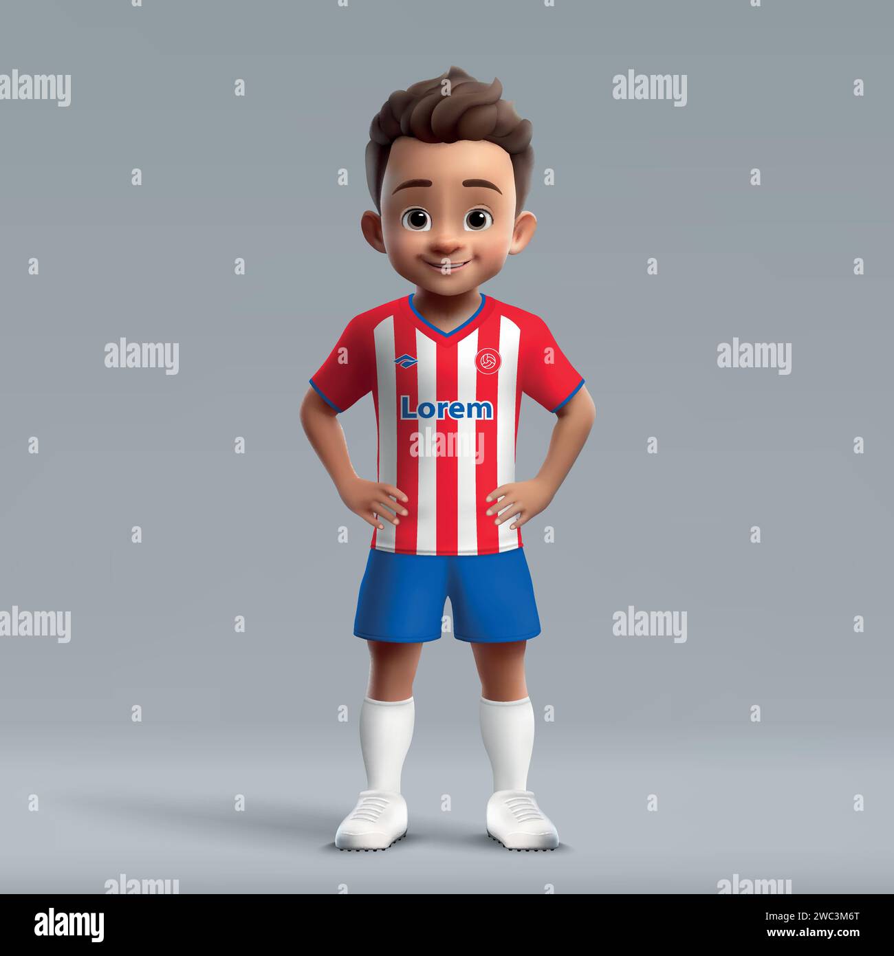 3d cartoon cute young soccer player in Girona football uniform ...