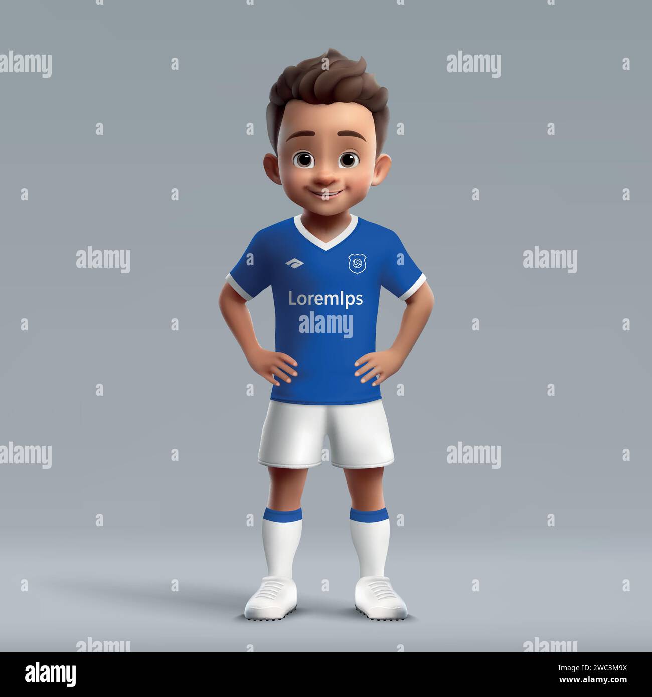3d cartoon cute young soccer player in Everton football uniform ...