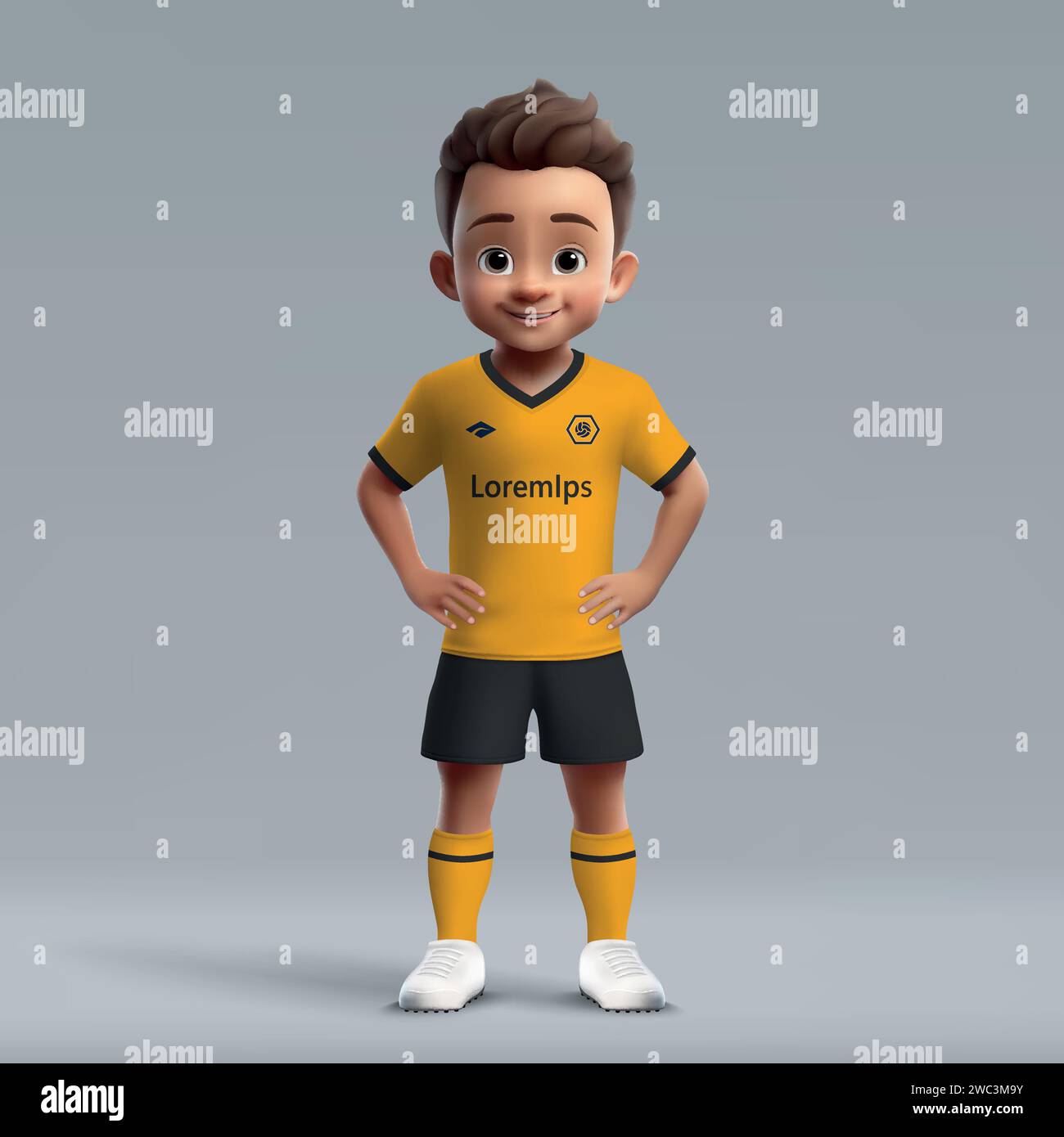 3d cartoon cute young soccer player in Wolverhampton football uniform ...