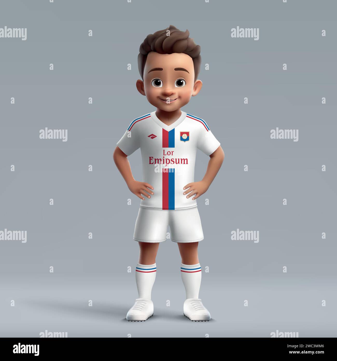 3d cartoon cute young soccer player in Lyon football uniform. Football ...
