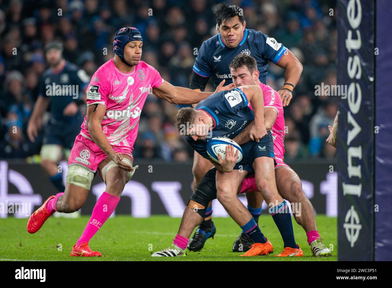 Dublin, Ireland. 13th Jan, 2024. Jordan Larmour of Leinster with the ...
