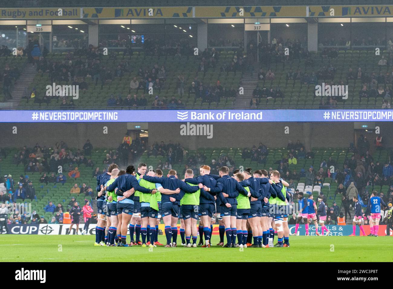 Dublin, Ireland. 13th Jan, 2024. The Leinster rugby team in a huddle ...