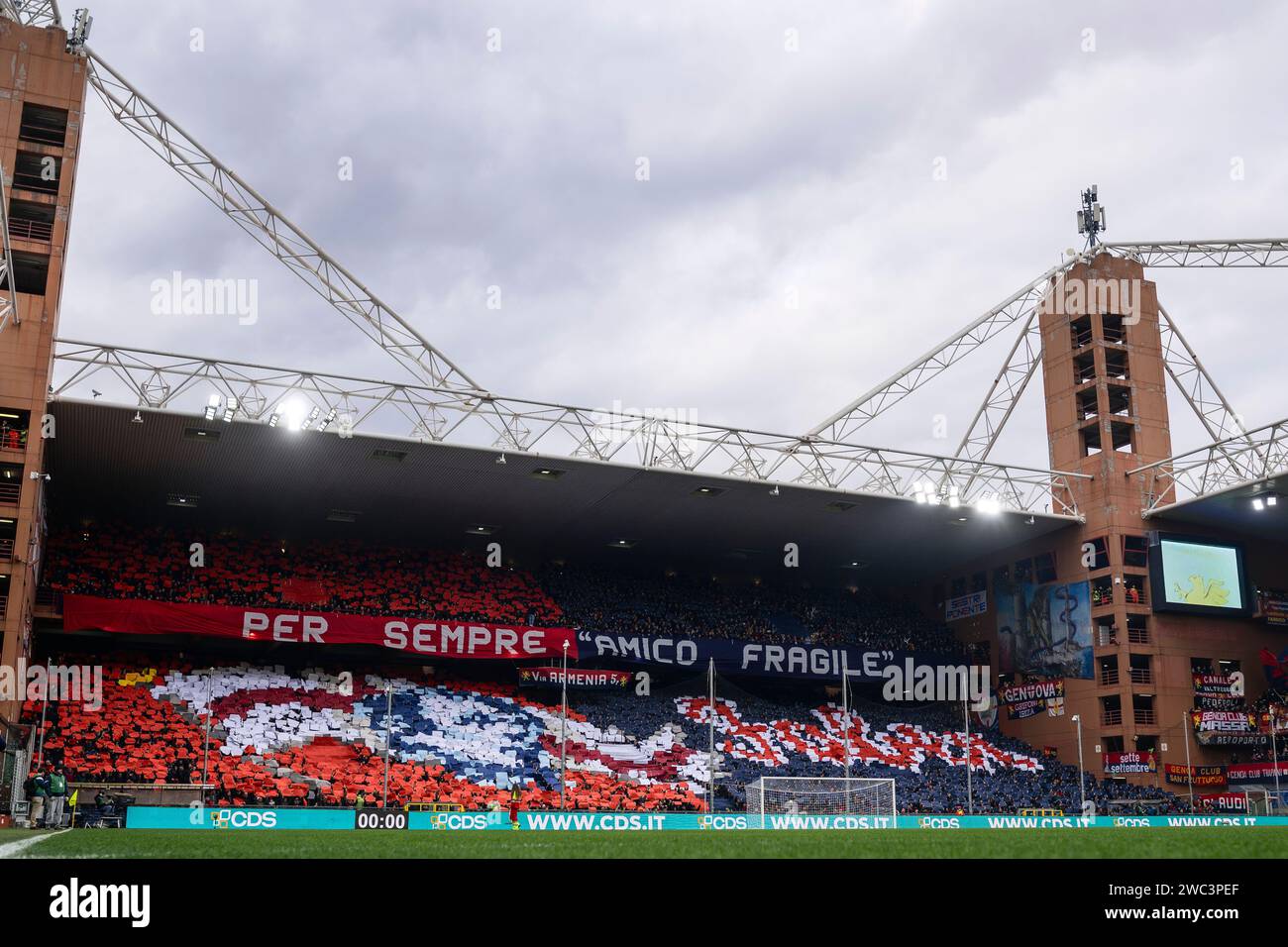 Genoa, Italy. 13 January 2024. Fans of Genoa CFC in sector 'Gradinata ...