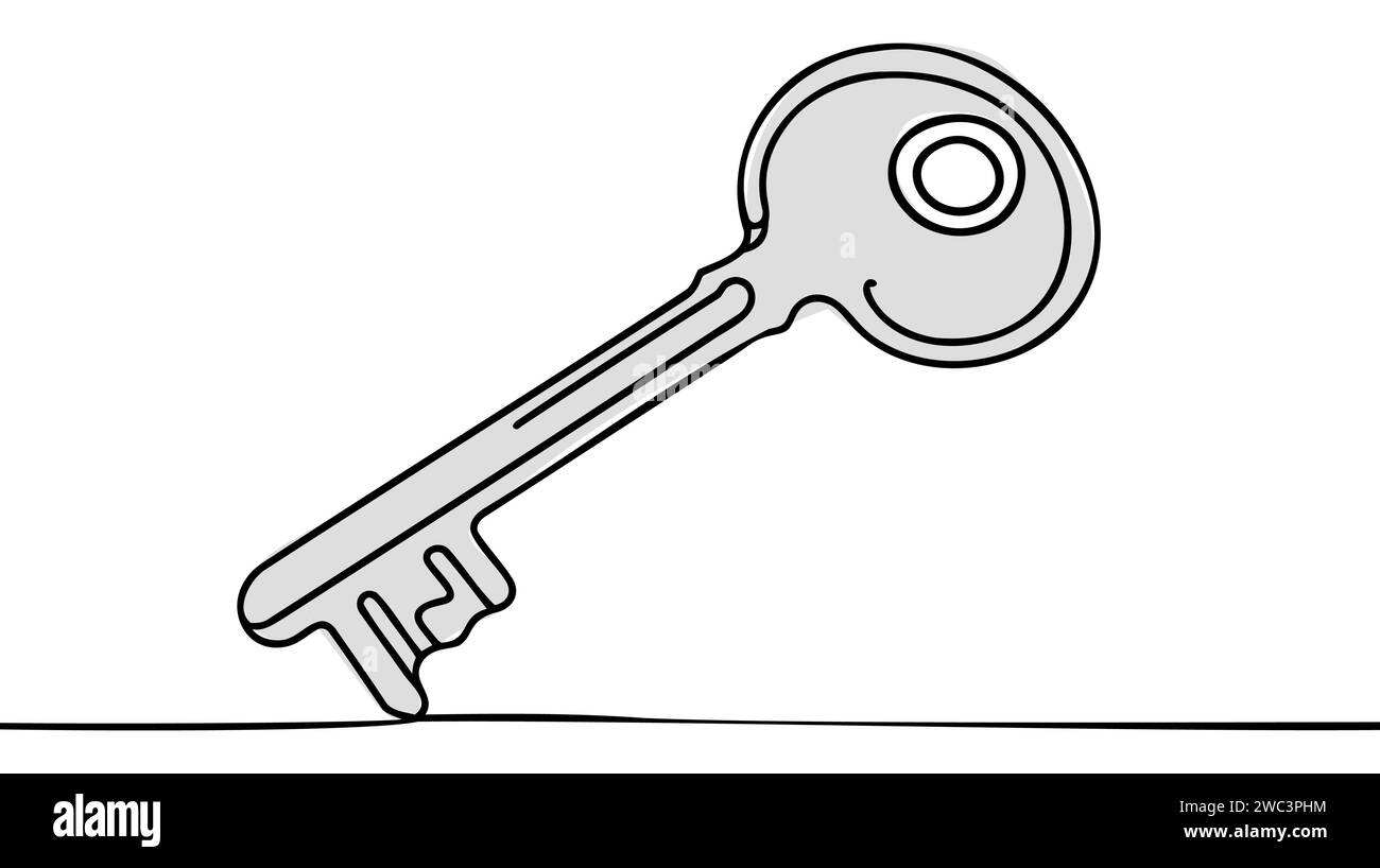 Single old key drawing in style of one continuous line black color ...