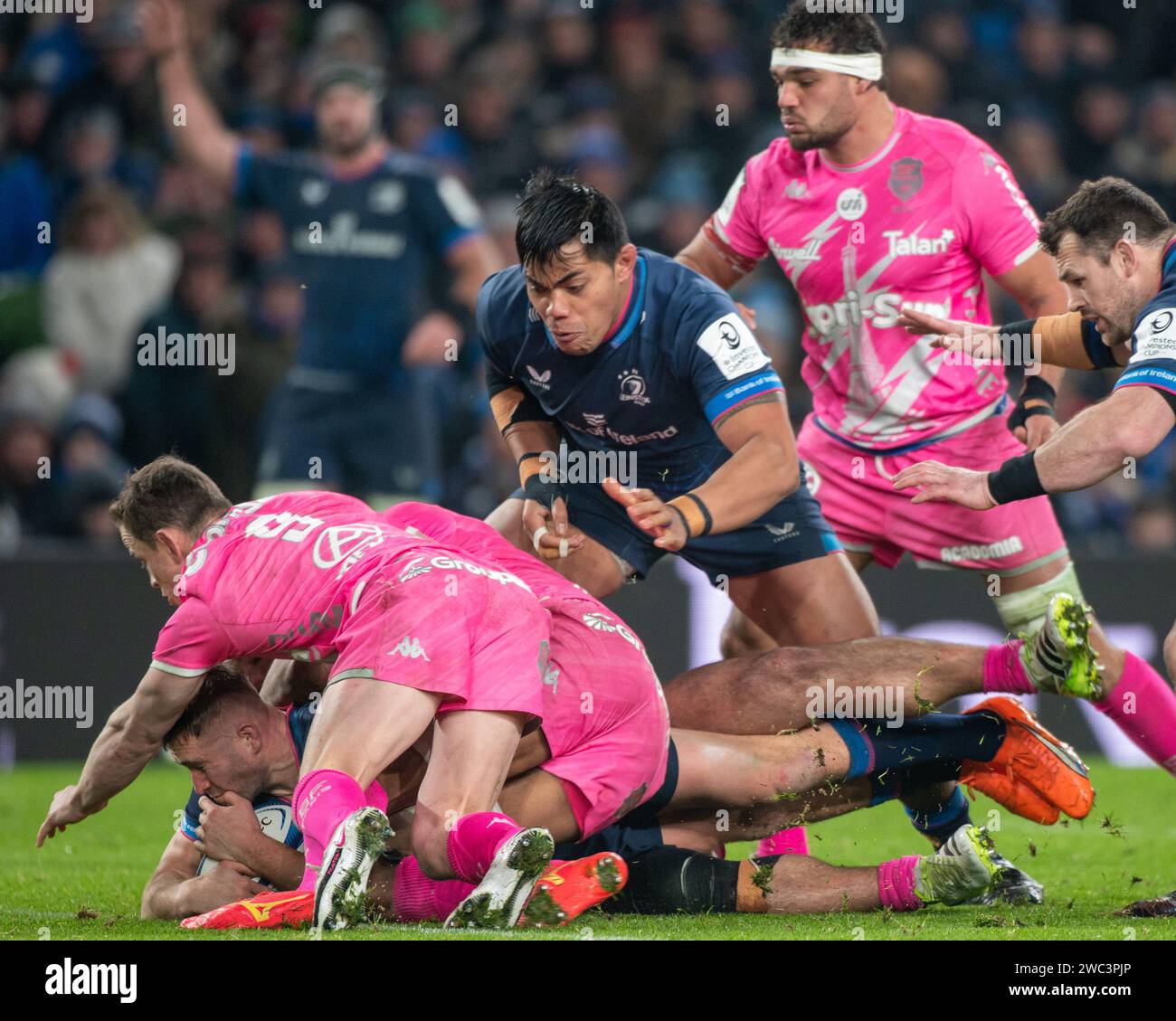 Dublin, Ireland. 13th Jan, 2024. Jordan Larmour of Leinster scores a ...