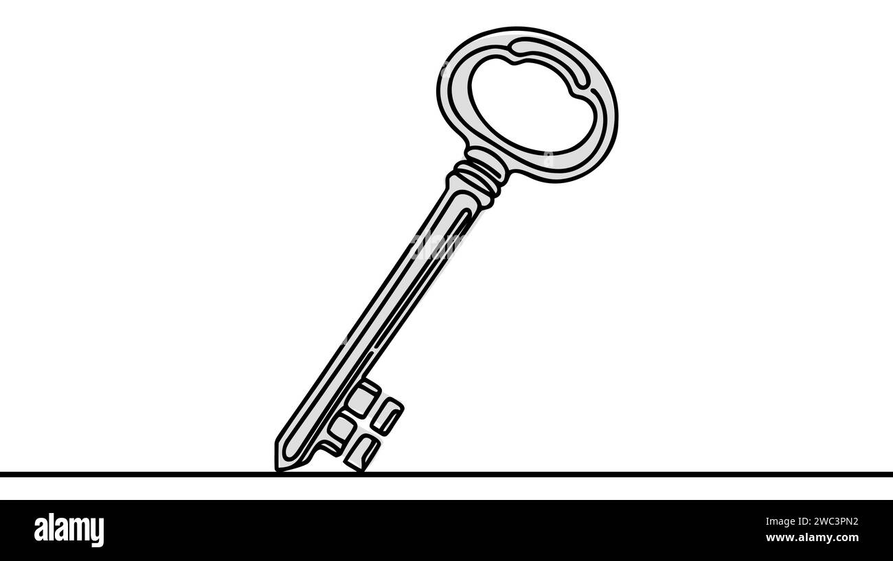 Single old key drawing in style of one continuous line black color ...