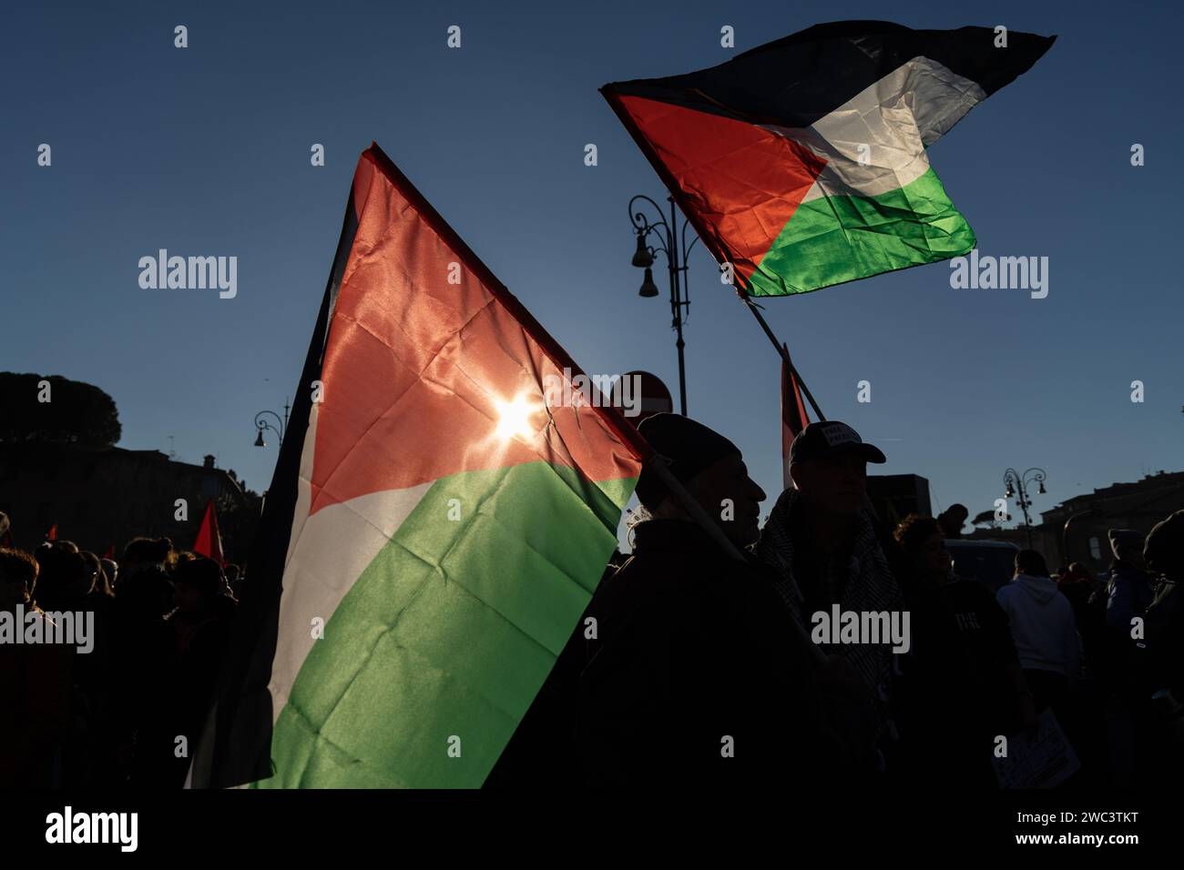 Rome, Italy. 13th Jan, 2024. Palestinian flags during demonstration in ...