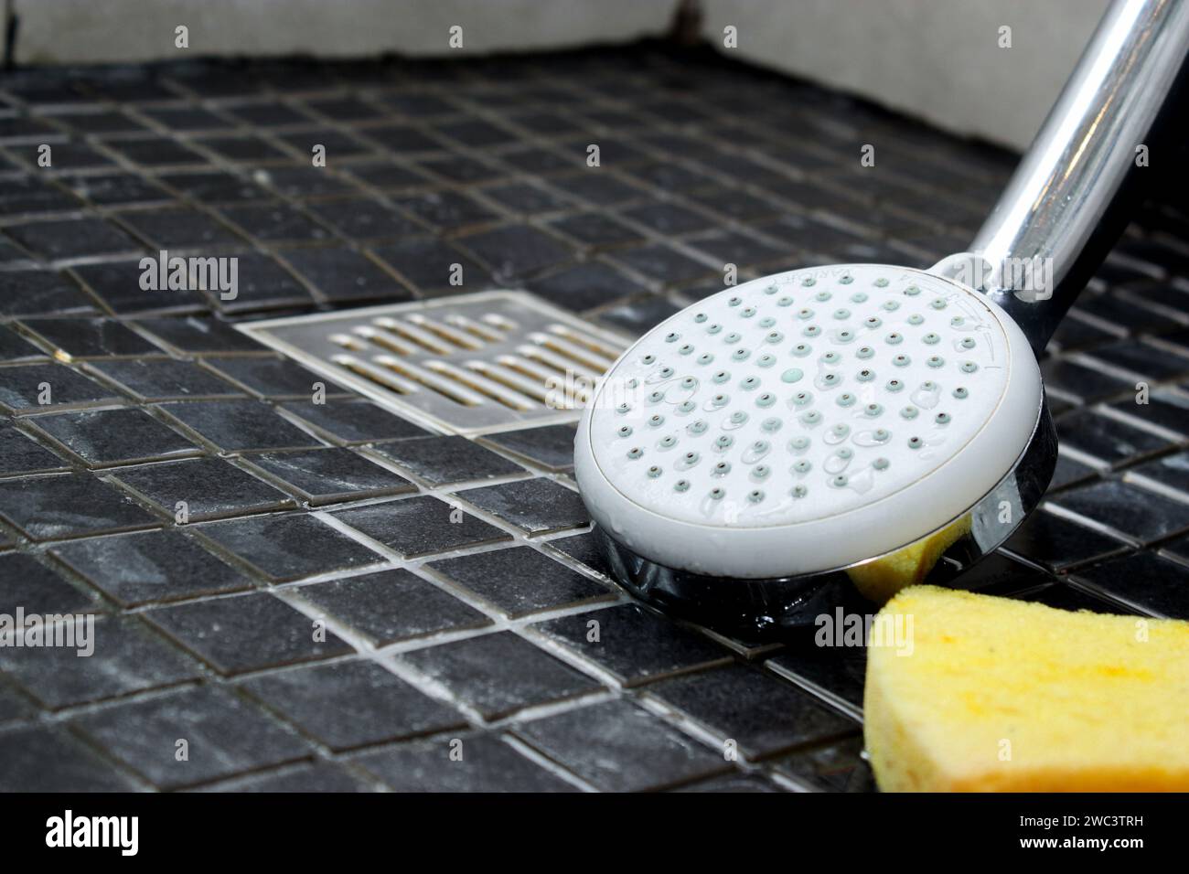 Close up of dirty shower head, cleaning sponge and a spray bottle on ...