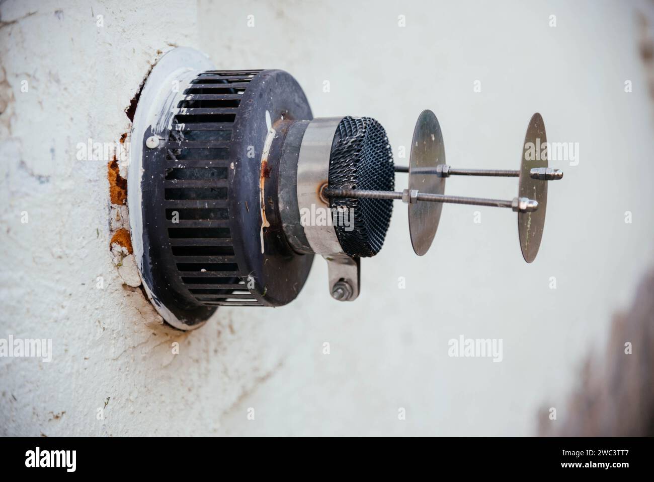 The exhaust pipe of a gas boiler of an autonomous heating system sticks ...