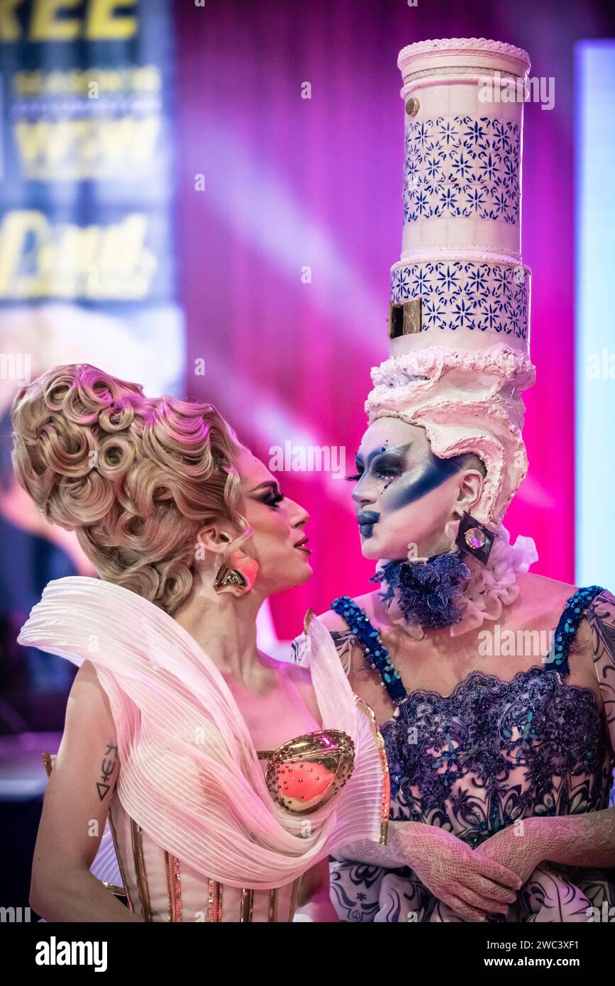 London, UK. 13th January 2024. Vibrant Drag Queens and fans arrive at ...