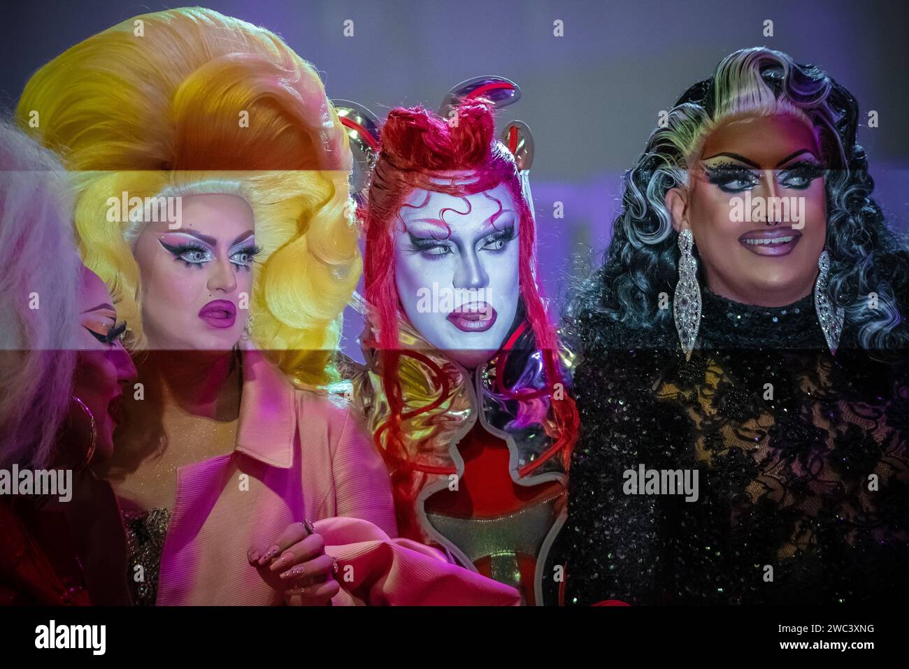 London, UK. 13th January 2024. Vibrant Drag Queens and fans arrive at ...