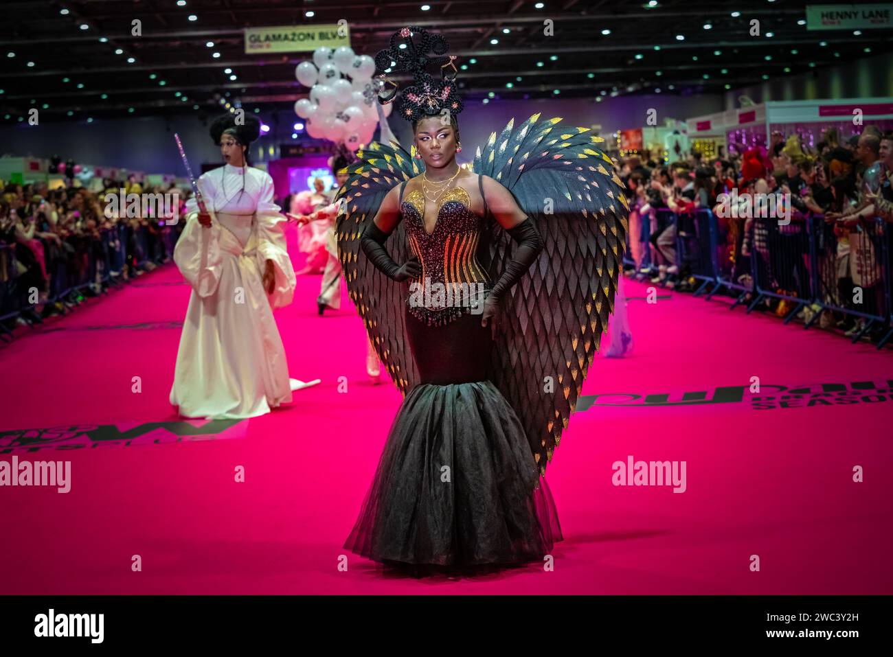 London, UK. 13th January 2024. Vibrant Drag Queens and fans arrive at ...