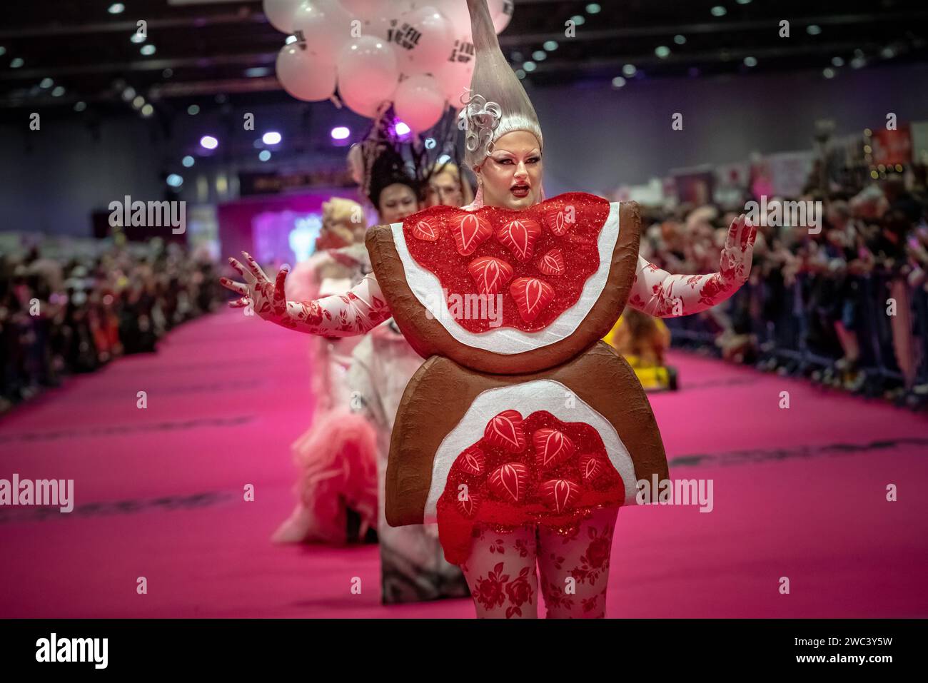 London, UK. 13th January 2024. Vibrant Drag Queens and fans arrive at ...