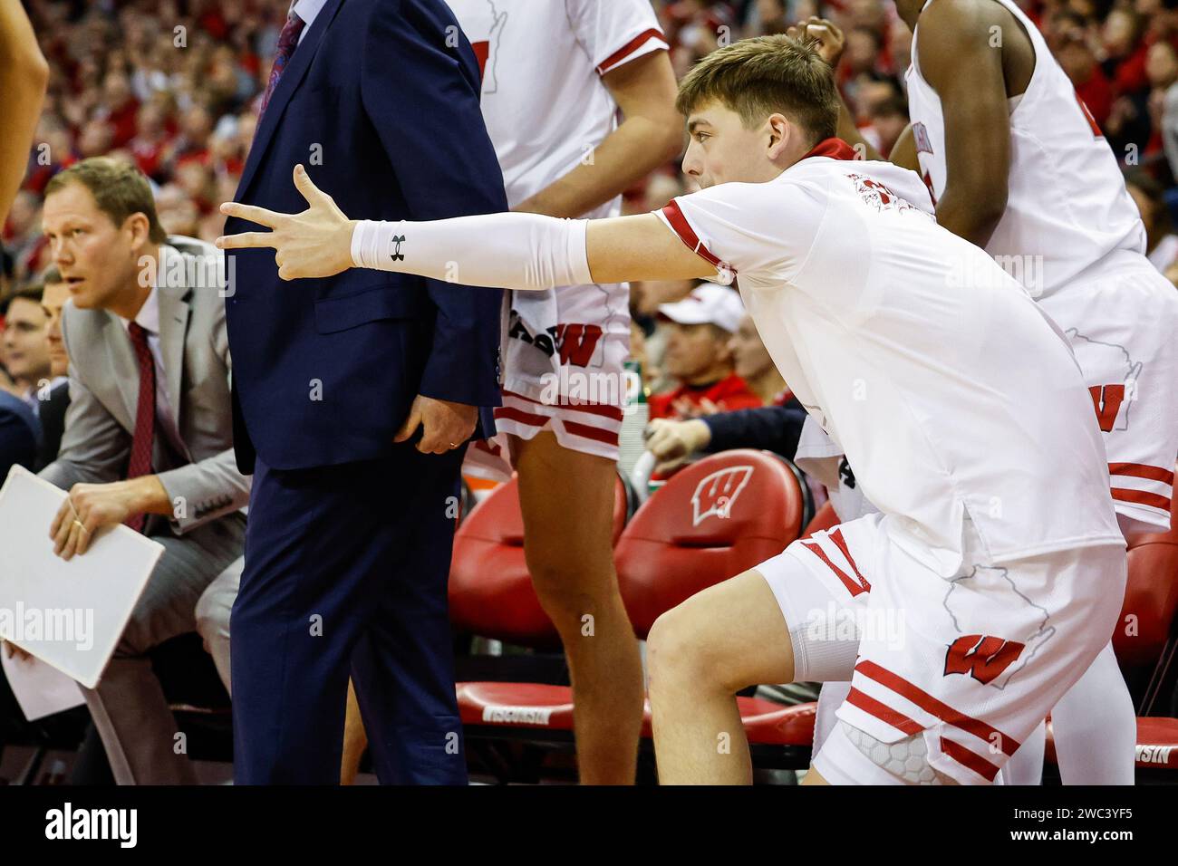Madison, WI, USA. 13th Jan, 2024. Wisconsin Badgers guard Connor ...