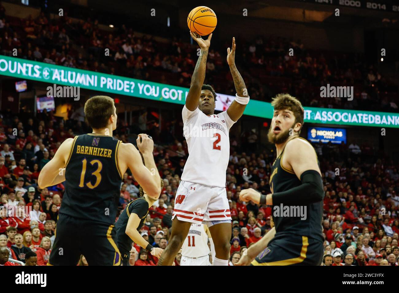 Madison, WI, USA. 13th Jan, 2024. Wisconsin Badgers guard AJ Storr (2) takes a jump shot during ...
