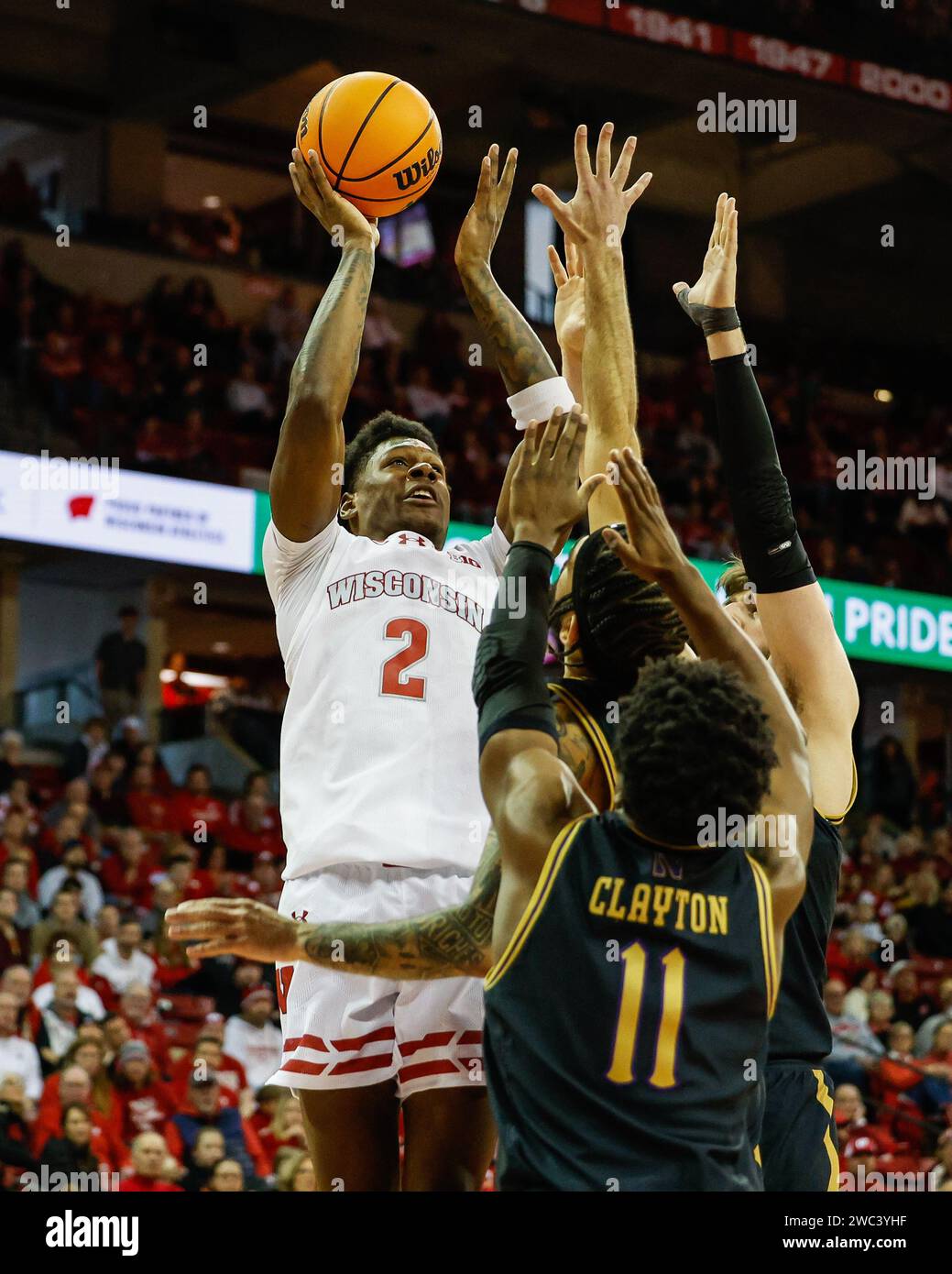 Madison, WI, USA. 13th Jan, 2024. Wisconsin Badgers guard AJ Storr (2) makes a shot over a ...