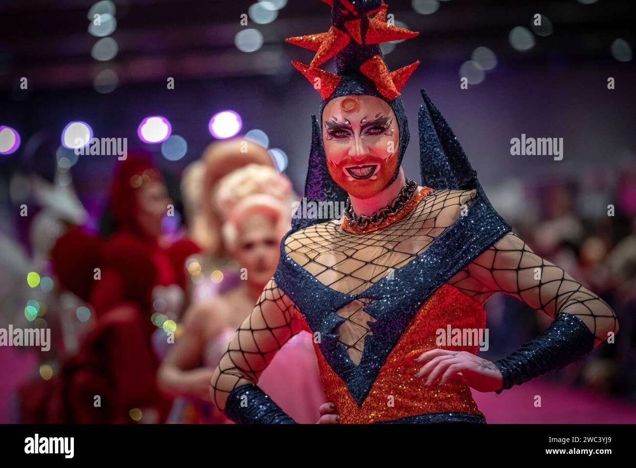 London, UK. 13th January 2024. Vibrant Drag Queens and fans arrive at ...