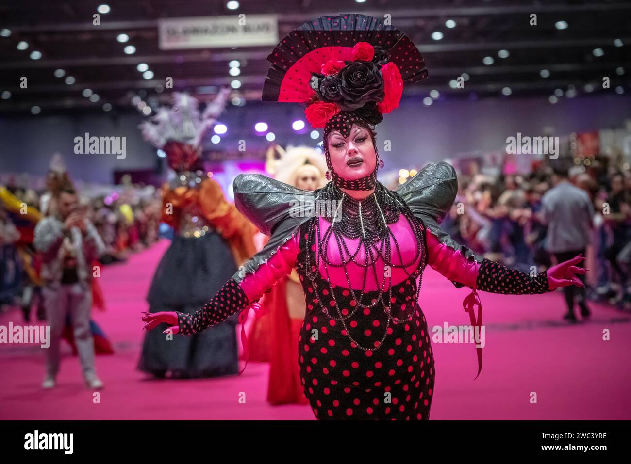 London, UK. 13th January 2024. Vibrant Drag Queens and fans arrive at ...