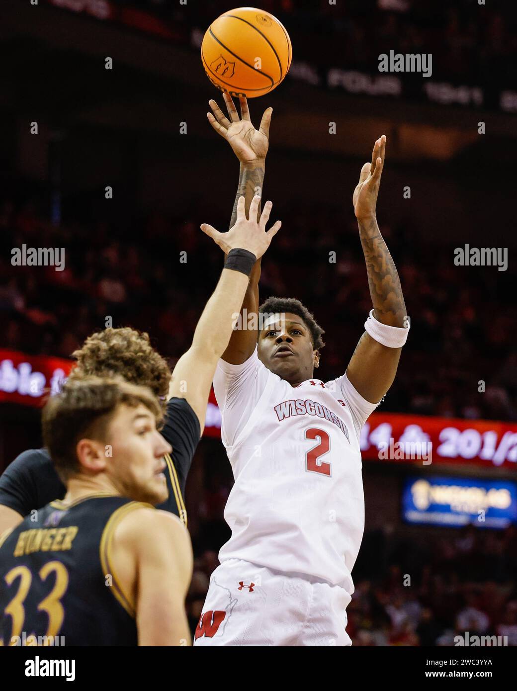 Madison, WI, USA. 13th Jan, 2024. Wisconsin Badgers guard AJ Storr (2) takes a jump shot during ...
