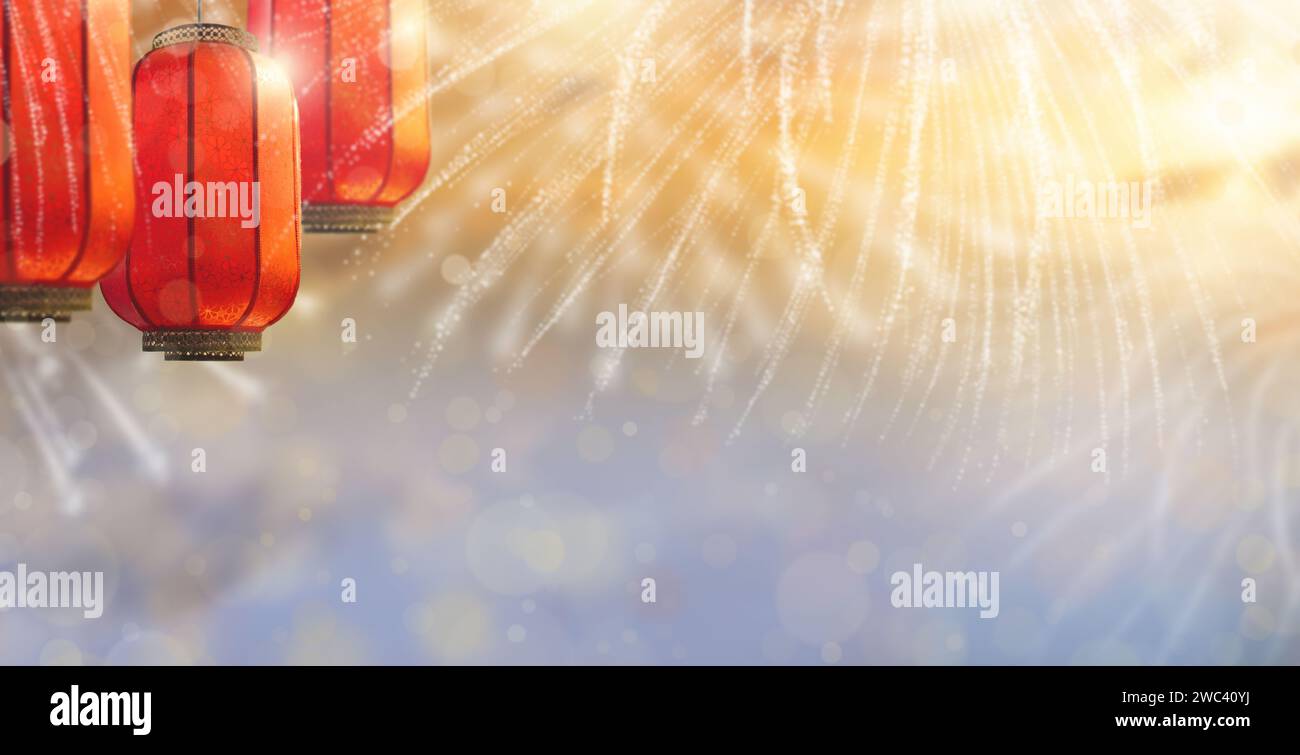 Chinese New Year lanterns and firework. Lunar new year celebration in ...