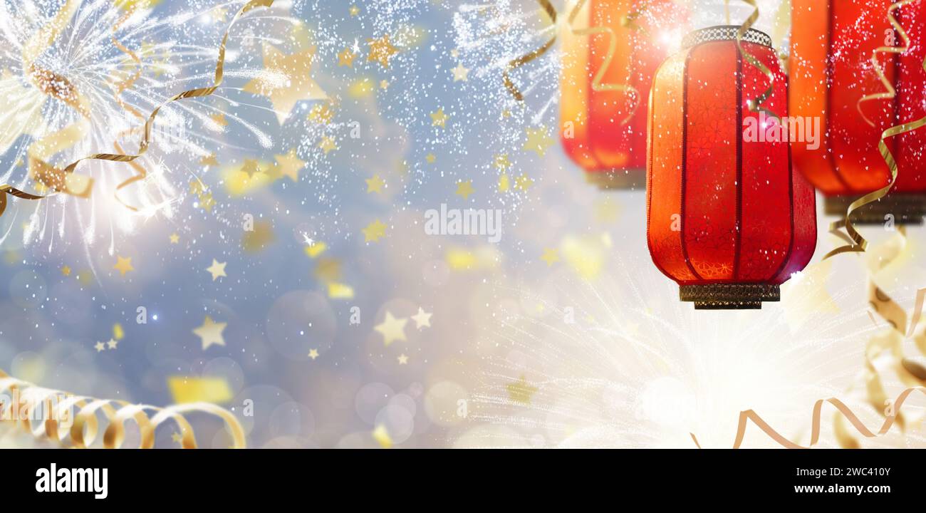 Chinese New Year lanterns and firework. Lunar new year celebration in ...