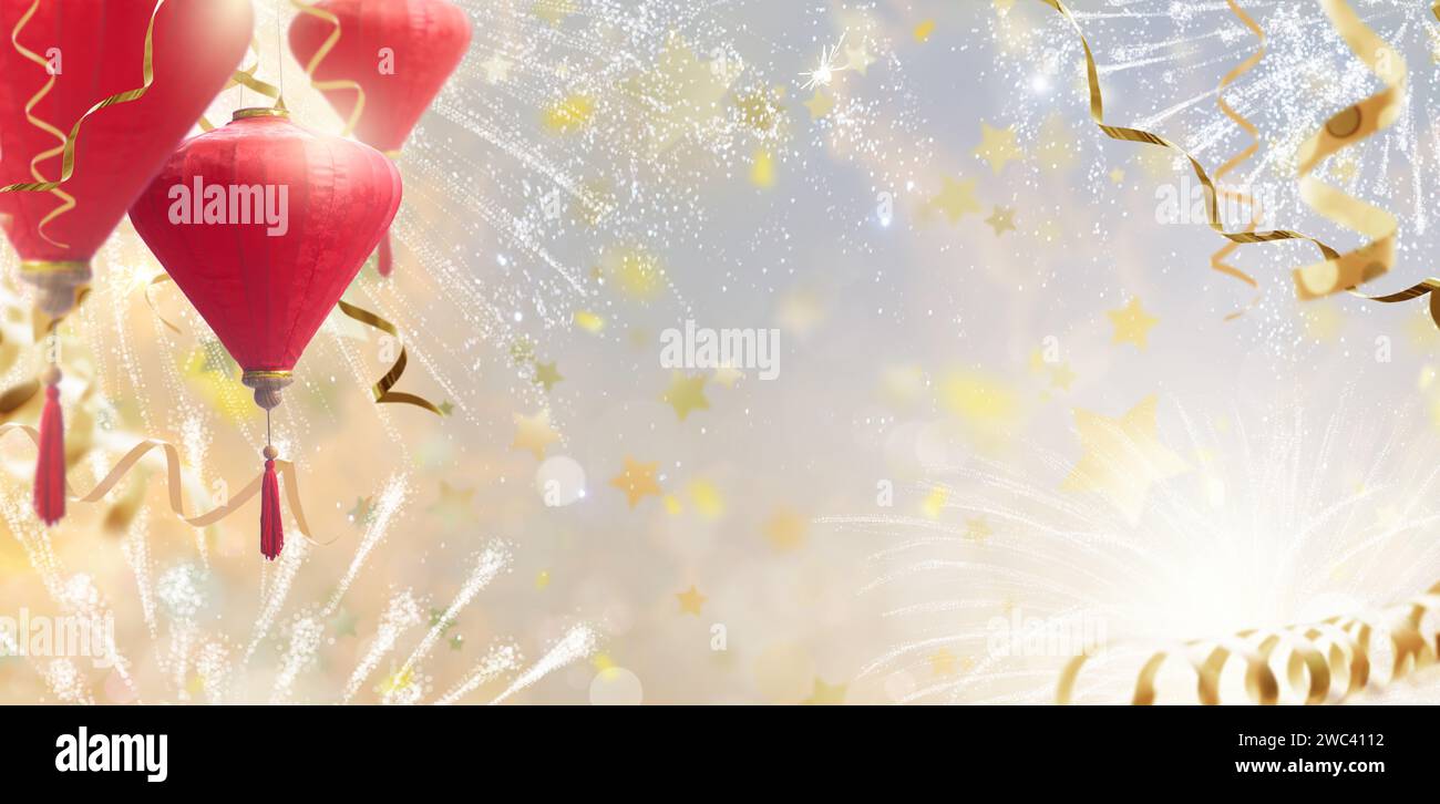 Chinese New Year lanterns and firework. Lunar new year celebration in ...