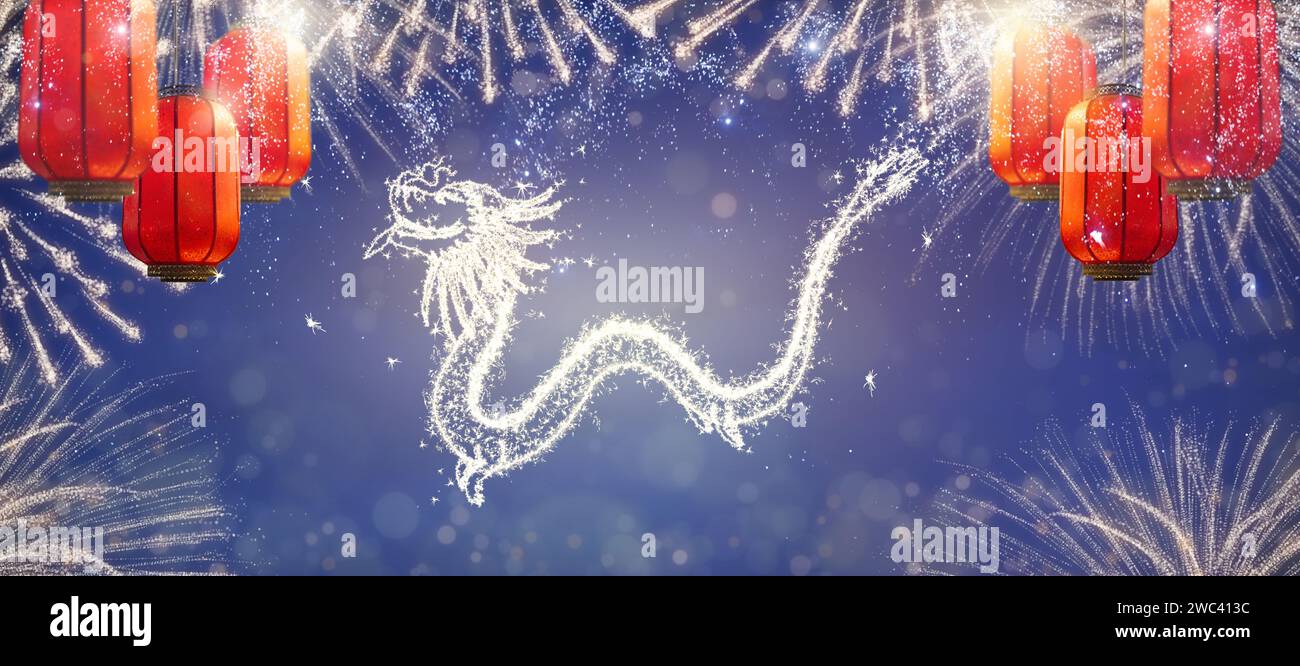 Chinese New Year lanterns and dragon firework. Lunar dragon new year ...