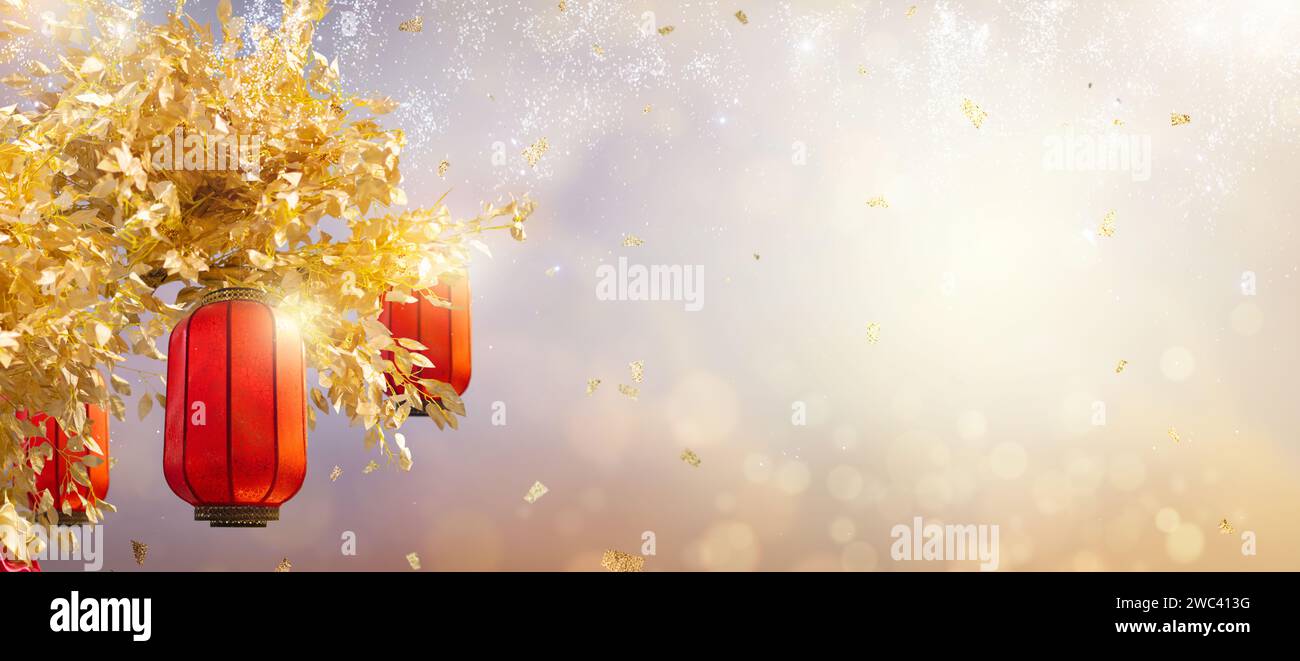 Chinese New Year lanterns and firework. Lunar new year celebration in ...