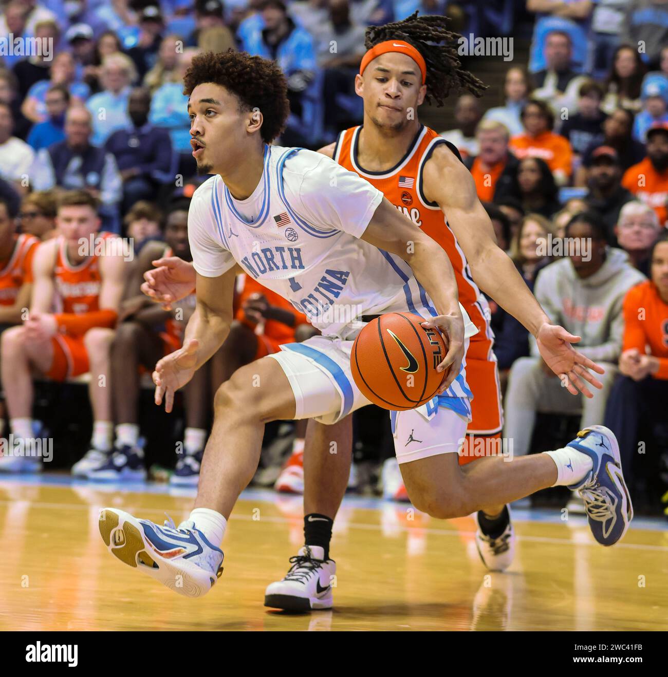 January 13, 2024: North Carolina sophomore Seth Trimble (7) drives to ...